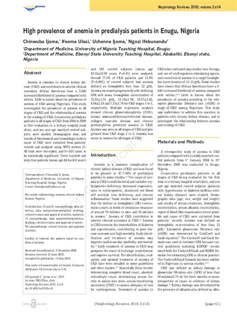 Pdf High Prevalence Of Anemia In Predialysis Patients In Enugu Nigeria