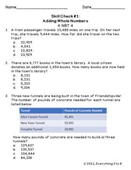 4th Grade ADDING WHOLE NUMBERS Skills Checks NBT 4 By Everything 3 To 8
