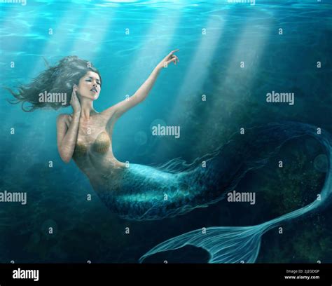Siren Of The Sea Shot Of A Mermaid Swimming In Solitude In The Deep