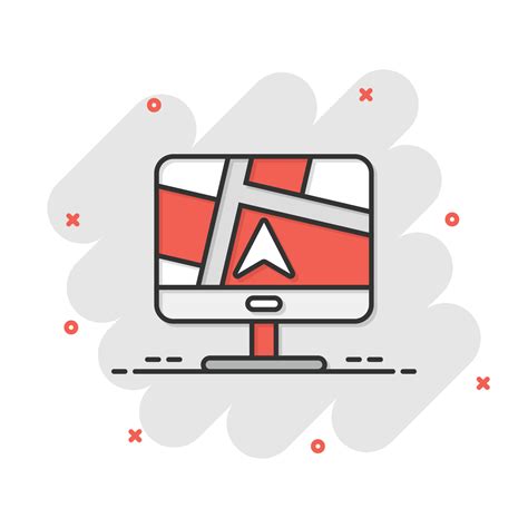 Computer Navigation Icon In Comic Style Monitor Pin Gps Cartoon Vector Illustration On White