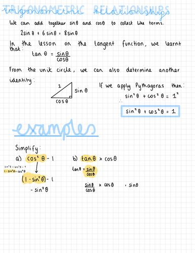 Trigonometric Relationships Notes Igcse Cambridge Additional Mathematics Teaching Resources