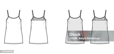 캐미솔 드레스 테크니컬 패션 일러스트와 스쿱 넥 스트랩 미니 길이 오버사이즈 바디 펜슬 풀 0명에 대한 스톡 벡터 아트 및 기타 이미지 Istock