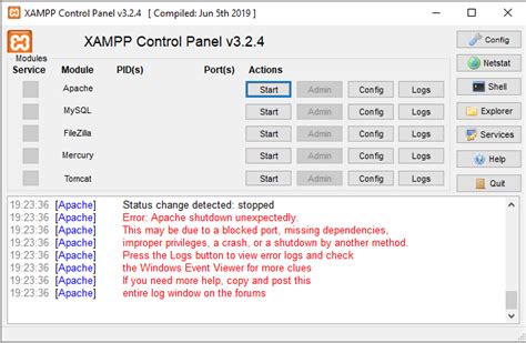 XAMPP Error Apache Shutdown Unexpectedly Sneppets