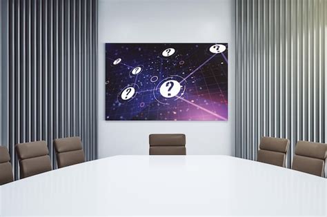 현대 회의실 사회학과 심리학 개념 3d 렌더링의 프레젠테이션 Tv 화면에 물음표 홀로그램 프리미엄 사진