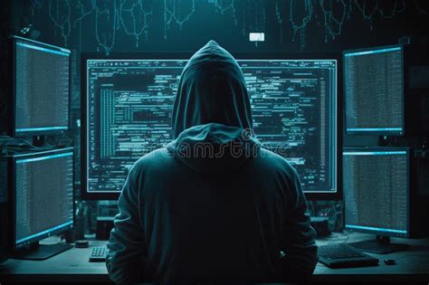 A Hacker Sitting In Front Of Multiple Computer Screens Ai Stock Illustration Illustration Of