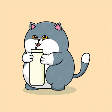 Premium Vector Cute Fat Cat Drinking Milk Cartoon Icon Illustration