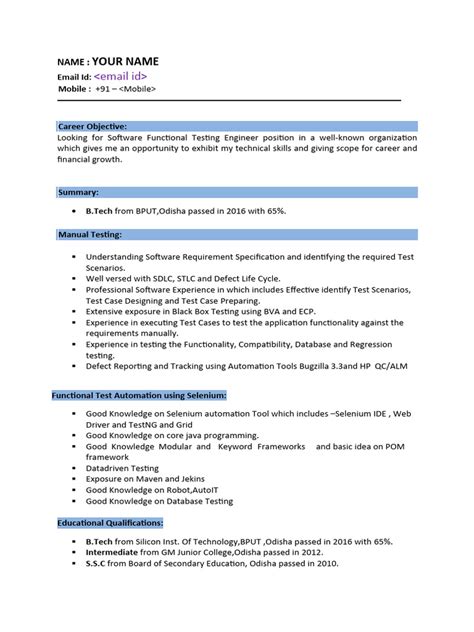 resume format pdf selenium software software testing