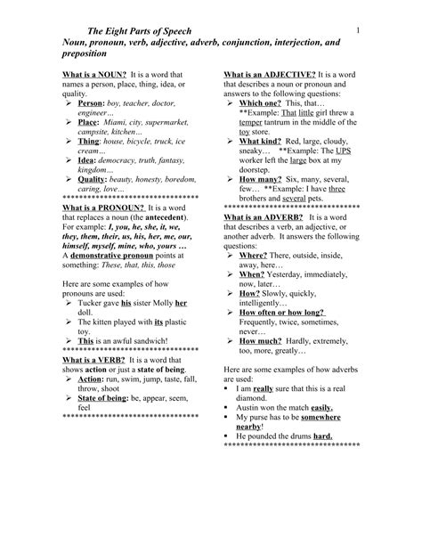 Noun Pronoun Verb Adjective Adverb Conjunction Interjection And Preposition Docslib