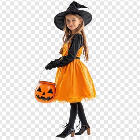 Cute Girl In Halloween Costume Holding Jack O Lantern Bucket Full