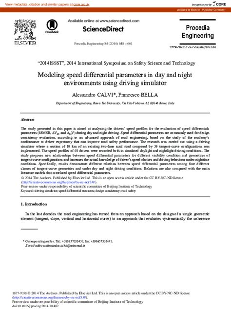 Pdf Modeling Speed Differential Parameters In Day And Night Environments Using Driving Simulator