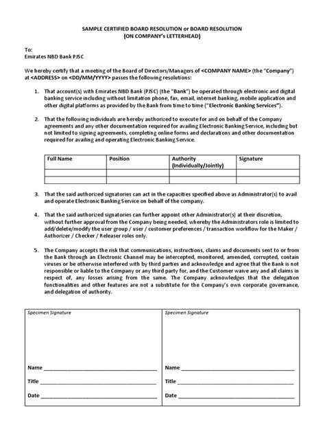 Sample Certified Board Resolution Pdf
