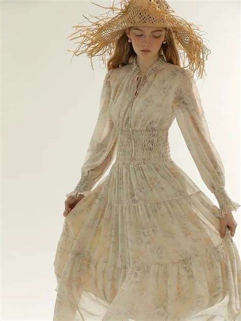 Floral Print Shirred Waist Dress Elegant Ruffle Trim Tie Front Maxi