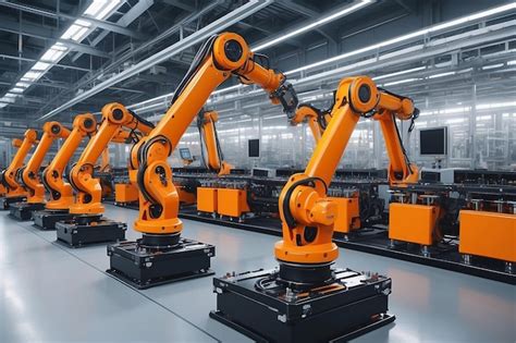 Premium Photo Orange Industrial Robot Arms Assemble Ev Battery Pack On Automated Production Line