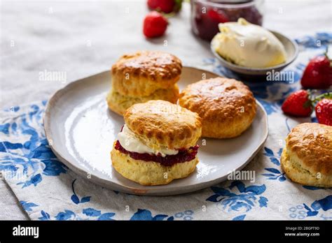 Traditional English Scones With Strawberry Jam And Clotted Cream High
