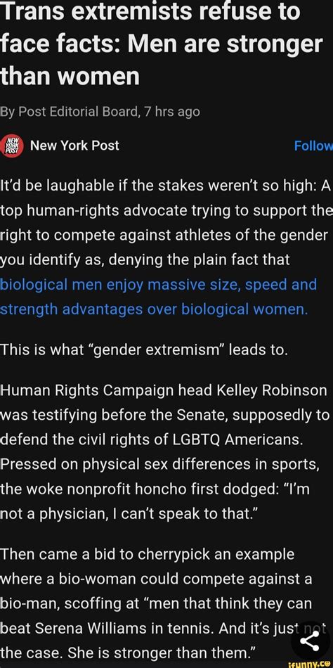Trans Extremists Refuse To Face Facts Men Are Stronger Than Women By