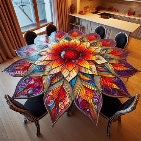 میز ناهارخوری طرح گل شیشه ای هفت رنگ شکوهی از رنگ و نور در قلب