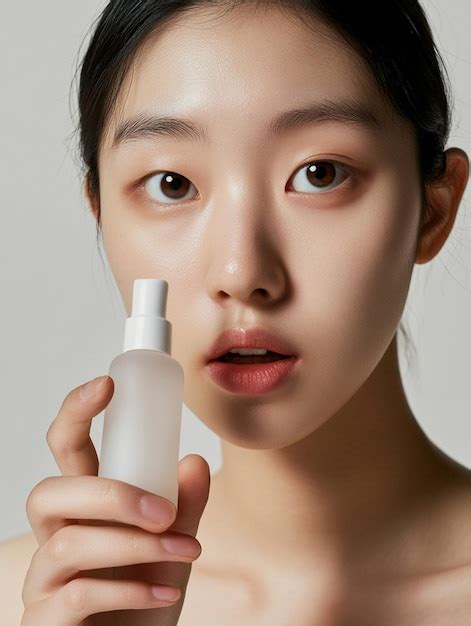 Portrait Of A 20 Year Old Innocent Korean Girl Holding One Skincare