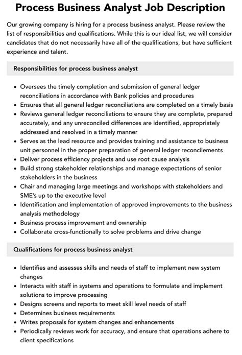 Process Business Analyst Job Description Velvet Jobs