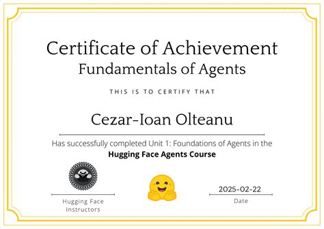 Agents Course Unit 1 Quiz · Certificate Of Achievement Fundamentals Of Agents