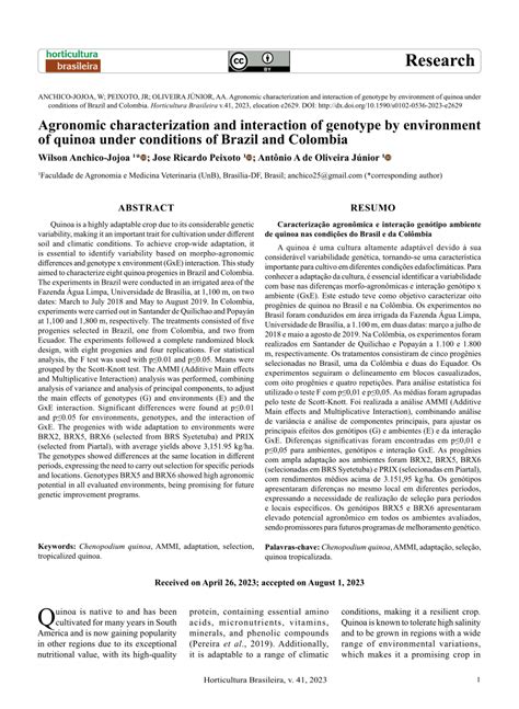 Pdf Agronomic Characterization And Interaction Of Genotype By Environment Of Quinoa Under