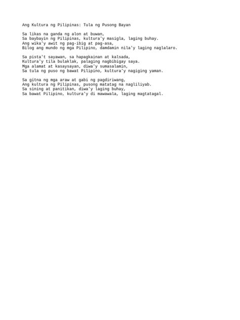 Ang Kultura Ng Pilipinas Tula Ng Pusong Bayan Pdf
