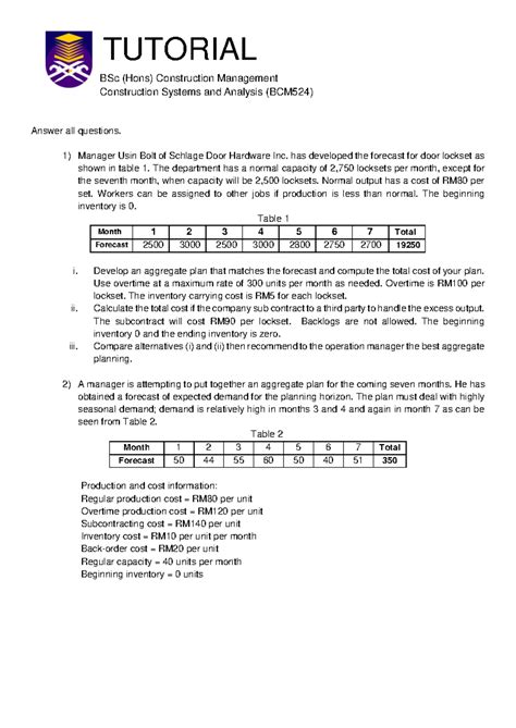 Tutorial Aggregate Planning Tutorial Bsc Hons Construction