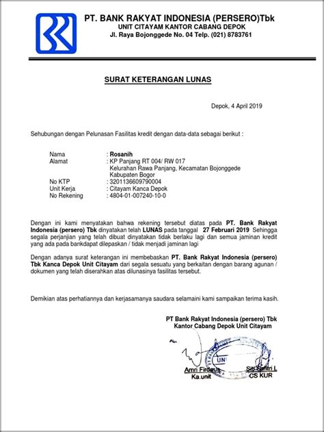 Contoh Surat Keterangan Lunas Bank Bni Surat Keterangan Desain