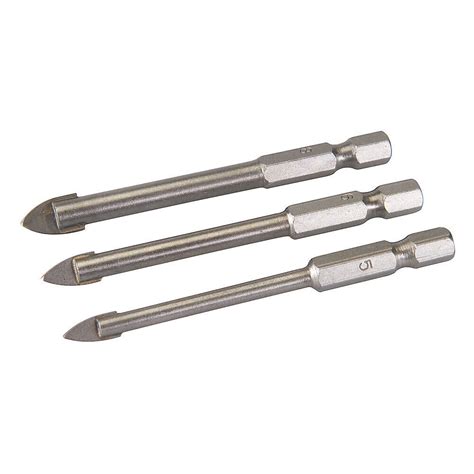 3 Piece Tile And Glass Drill Bits Tungsten Carbide Tip Hex Drive Mirror