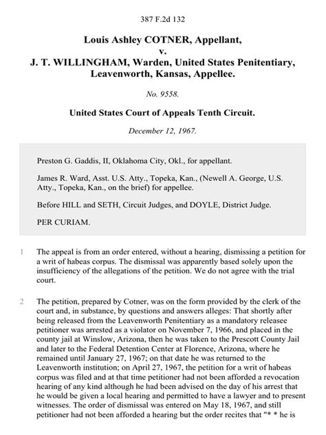 Louis Ashley Cotner V J T Willingham Warden United States Penitentiary Leavenworth Kansas