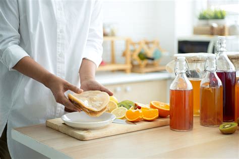 여자의 손과 콤부차 차와 함께 차 버섯을 들고 있는 코비 차 버섯 콤부차를 만들기 위한 발효 과정을 시작하는 스코비 차 버섯