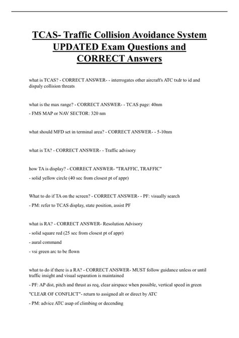 Tcas Traffic Collision Avoidance System Updated Exam Questions And Correct Answers Tcas