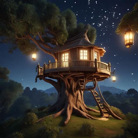 A Tree House With A Tree House On The Top Ai Generative Premium Ai