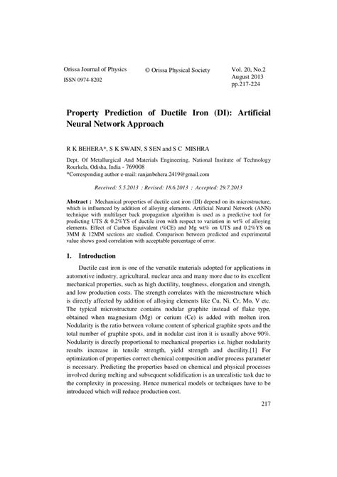 Pdf Property Prediction Of Ductile Iron Di Artificial Neural Network Approach