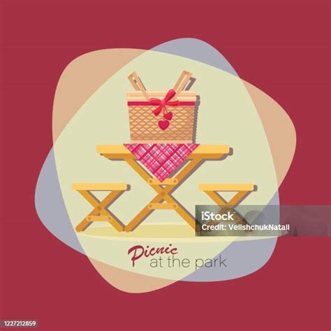 피크닉 시간 점심 바구니 공원에서 피크닉 벡터 플랫 일러스트레이션입니다 의자가 있는 테이블 엠 블 럼 가구에 대한 스톡 벡터