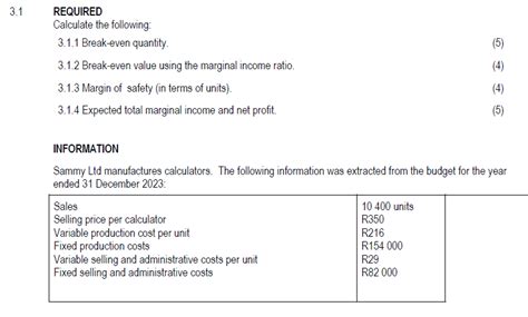 Solved Required Calculate The Following Break Even Chegg