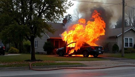 House Fire Emergency With Vehicle In Foreground Premium AI Generated