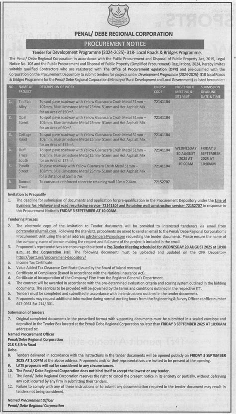 Procurement Notice Penal Debe Regional Corporation