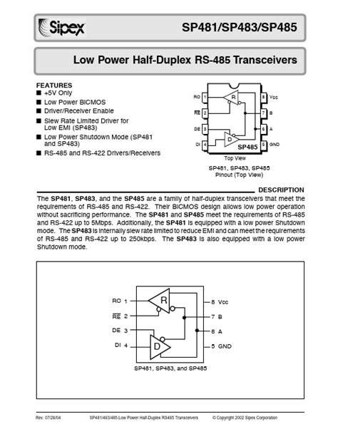 Sp485 Datasheet Sipex Low Power Half Duplex Rs 485 Transceivers