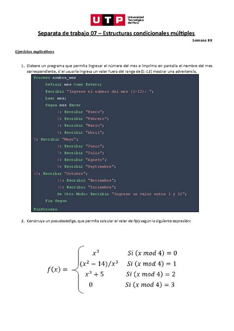 Algoritmos Semana 9 Separata De Trabajo 07 Estructuras Condicionales Múltiples Semana 09