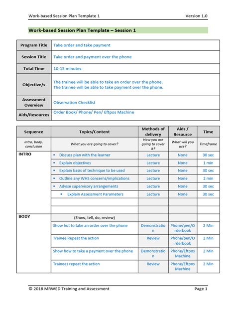7b Work Based Session Plan Template 1 Pdf Human Communication
