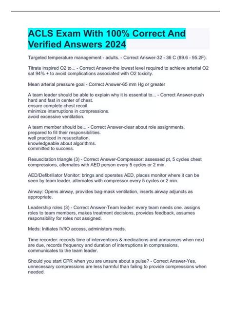 Acls Exam With 100 Correct And Verified Answers 2024 Acls Stuvia Us