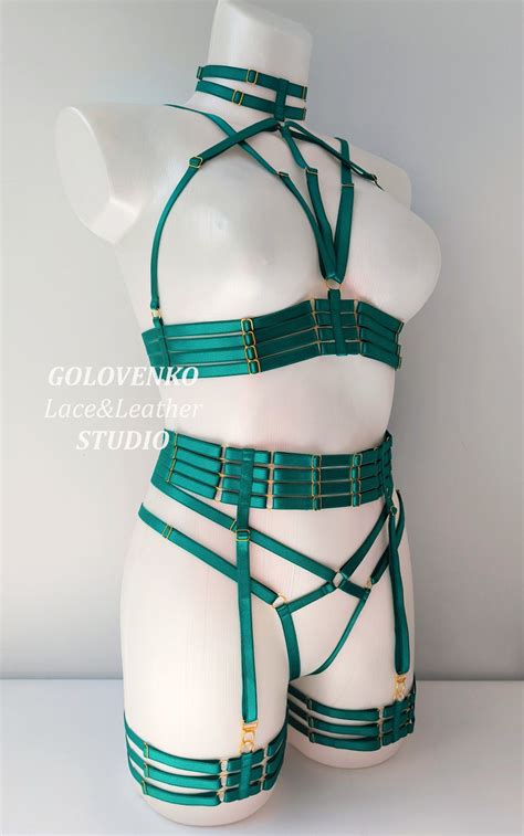 Emerald Green Full Body Elastic Harness Erotic Crotchless Lingerie Set