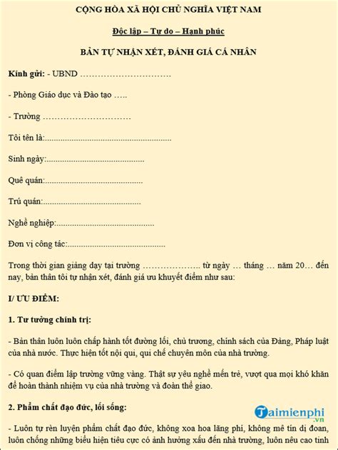 4 Bản Tự Nhận Xét Đánh Giá Cá Nhân với Xếp Loại Viên Chức Cán Bộ Đảng Vi