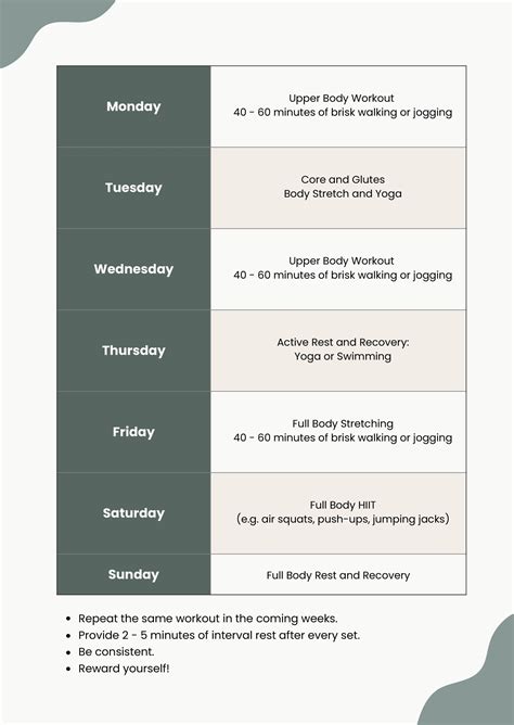 Weekly Workout Chart In Illustrator Pdf Download