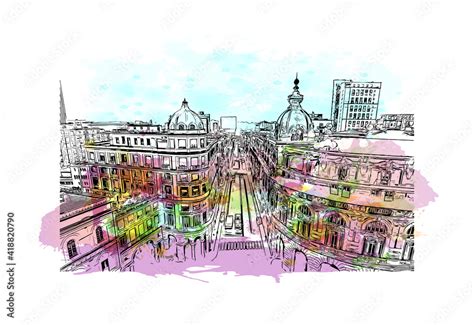 Building View With Landmark Of Genoa Is The City In Italy Watercolour