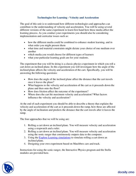 Velocity And Acceleration Education Economics Assignment Docsity
