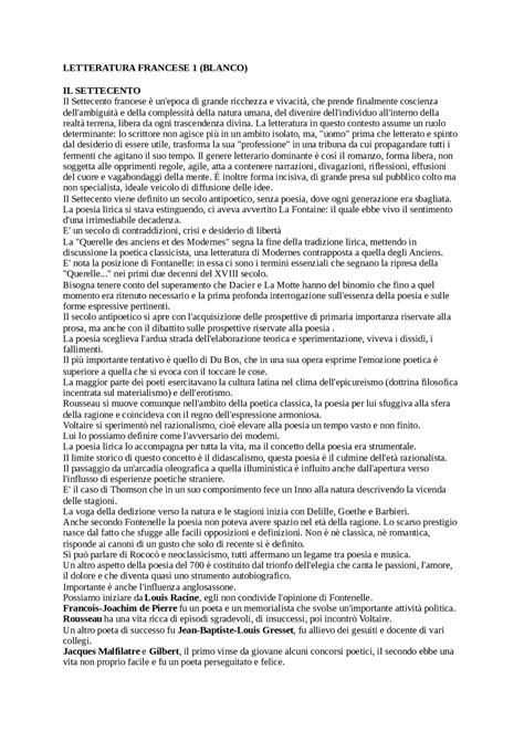 Riassunto Completo Per Esame Letteratura Francese I Blanco Docsity