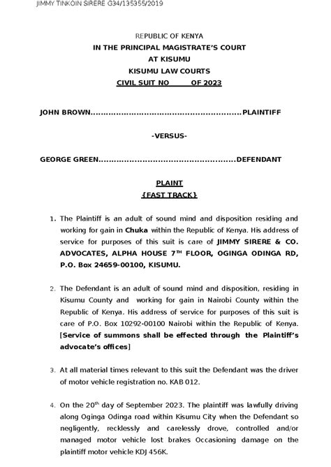 Plaint 1 Republic Of Kenya In The Principal Magistrates Court At Kisumu Kisumu Law Courts