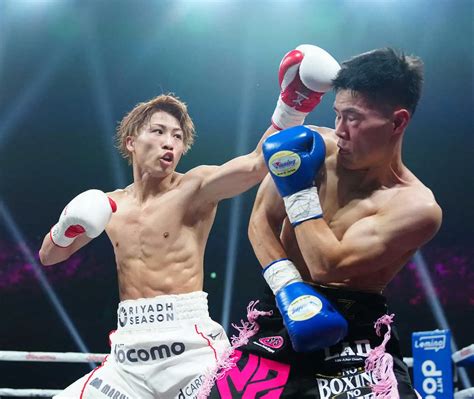 ＜世界sバンタム級4団体tm井上尚弥・キム・イェジュン＞4r、キム・イェジュン（左）をkoする井上（撮影・島崎忠彦） ― スポニチ