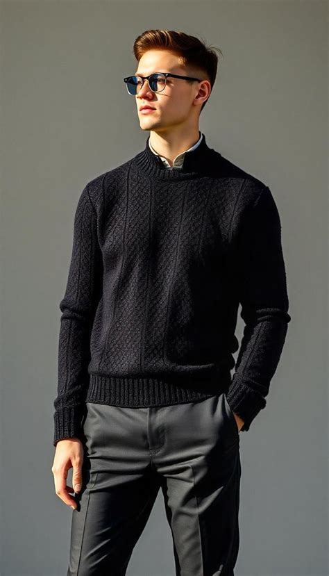 Fall Black Crochet Sweater And Black Formal Pants Fall Outfits Men